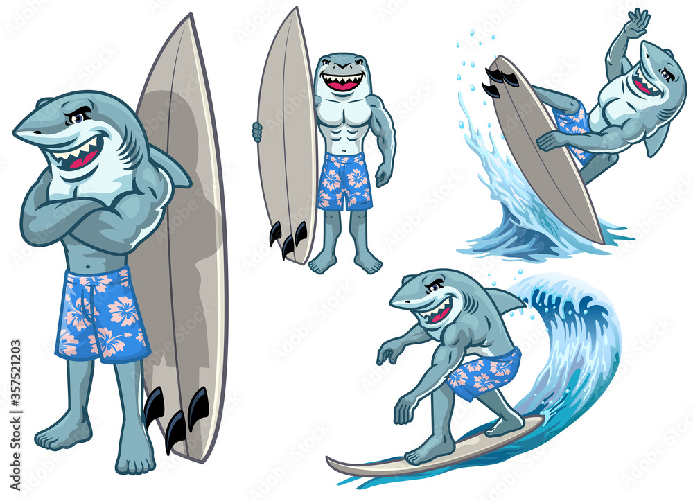 set of cartoon great white shark surfing character mascot Stock Vector ...