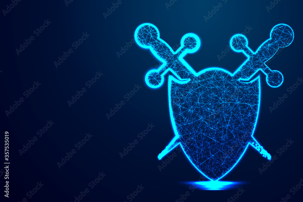 Shield, Sword. defense and attack concept. Abstract Wireframe low poly ...