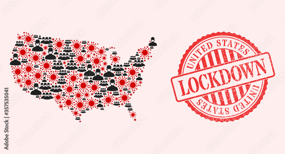 Vector mosaic United States map of SARS virus, masked people and red ...