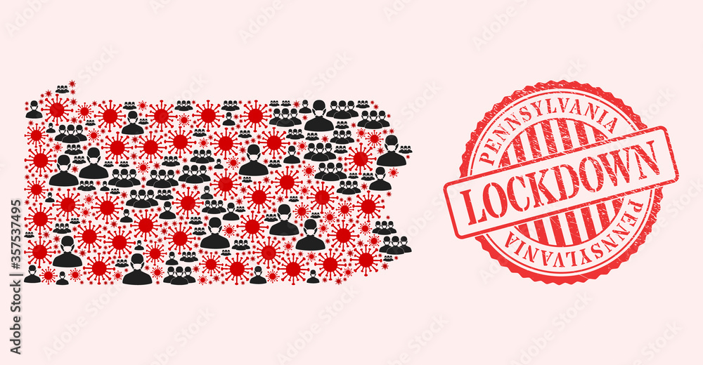 Vector collage Pennsylvania State map of flu virus, masked people and ...