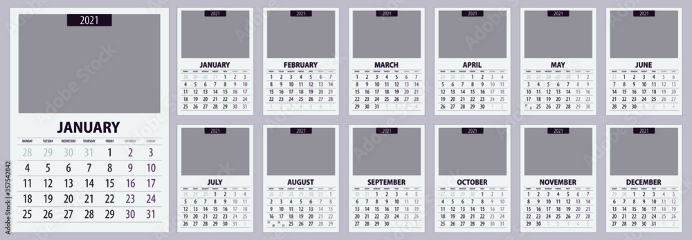 2021 Monthly Calendar, Week Starts Monday, A4, Stock Vector | Adobe Stock