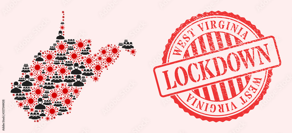 Vector collage West Virginia State map of coronavirus, masked men and ...