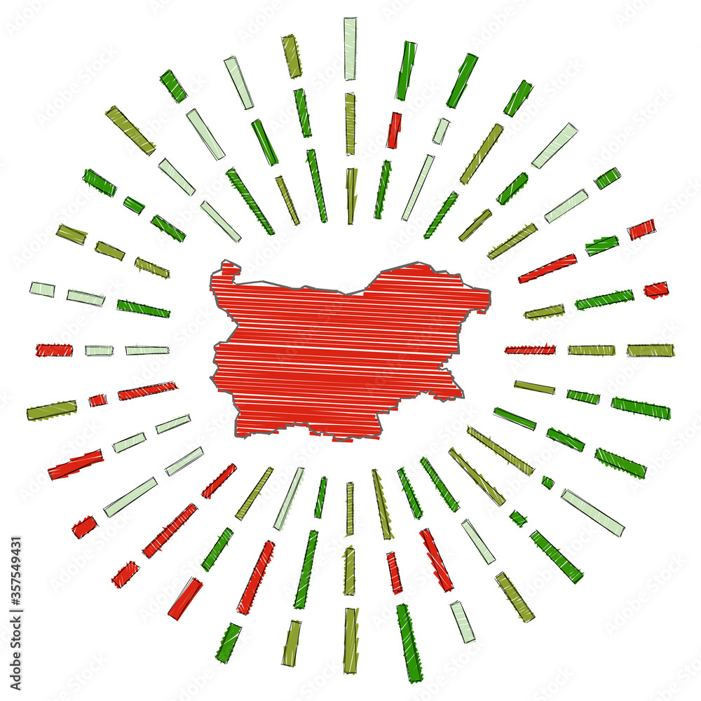 Sketch map of Bulgaria. Sunburst around the country in flag colors ...