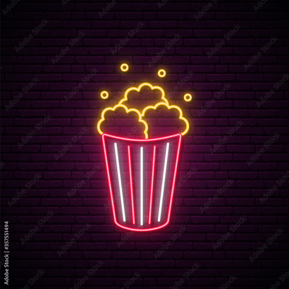 Neon Popcorn sign. Bright glowing popcorn icon on dark brick background ...
