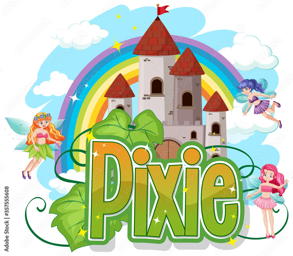 Pixie logo with little fairies on rainbow sky background Stock Vector ...
