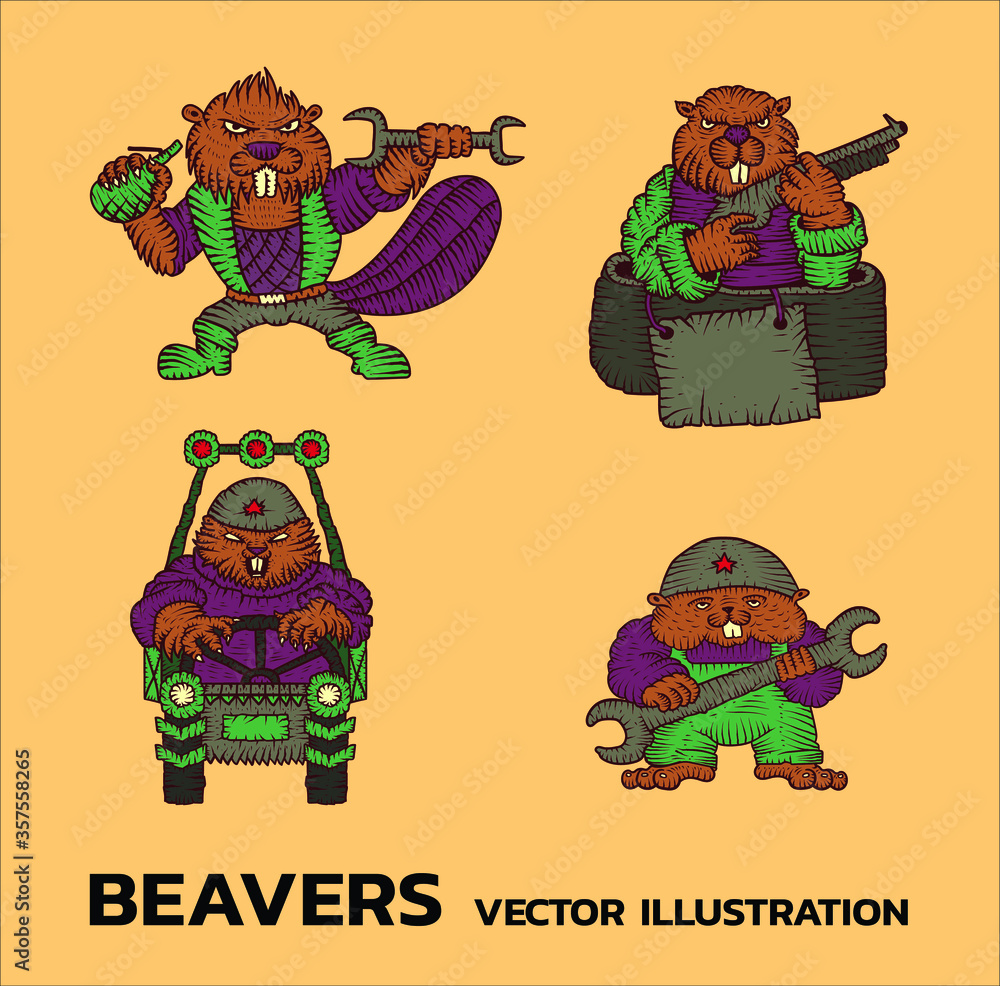 Beavers. Mechanics. Cartoon vector illustration set Stock Vector ...