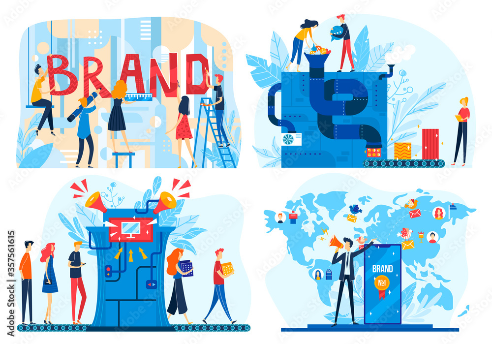 Brand building process vector illustration. Cartoon flat developer ...