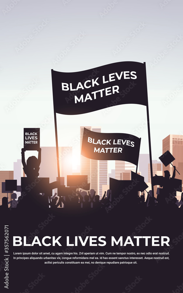 silhouette of protesters with black lives matter banners awareness ...