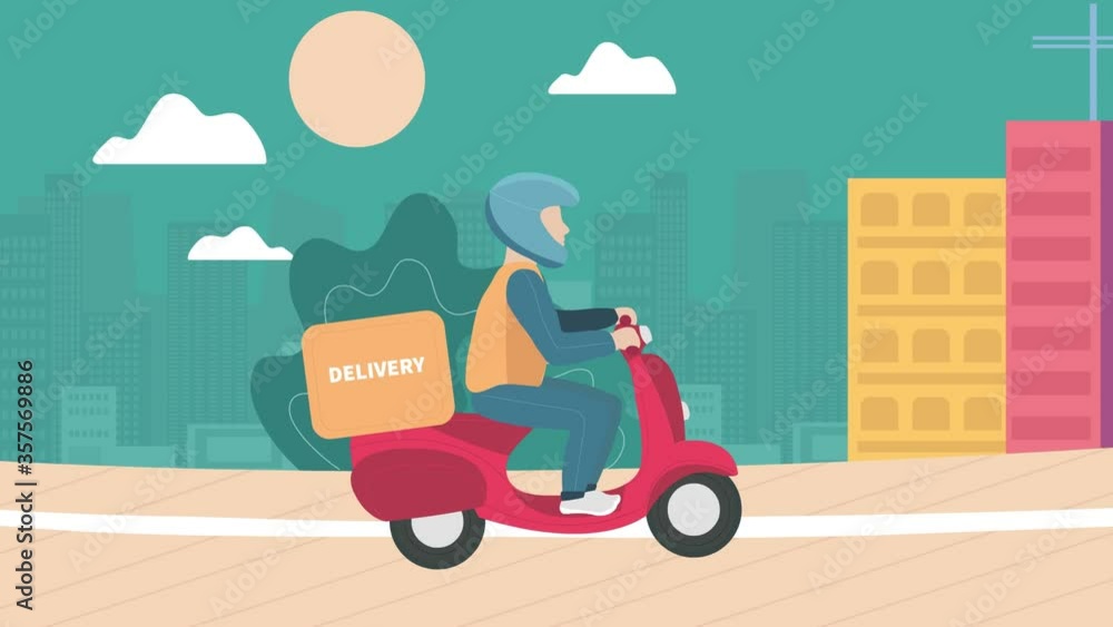 Rainy day delivery. Delivery service footage. Cartoon young man riding ...