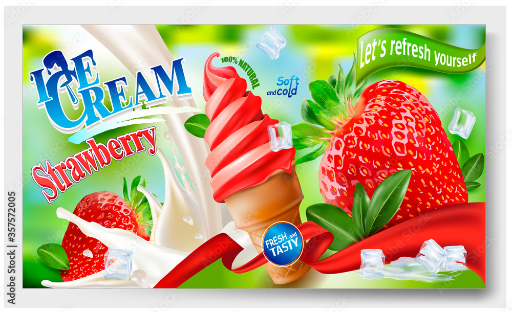 Vektorová Grafika „3 D Strawberry Ice Cream Popsicle Ice Cream On A