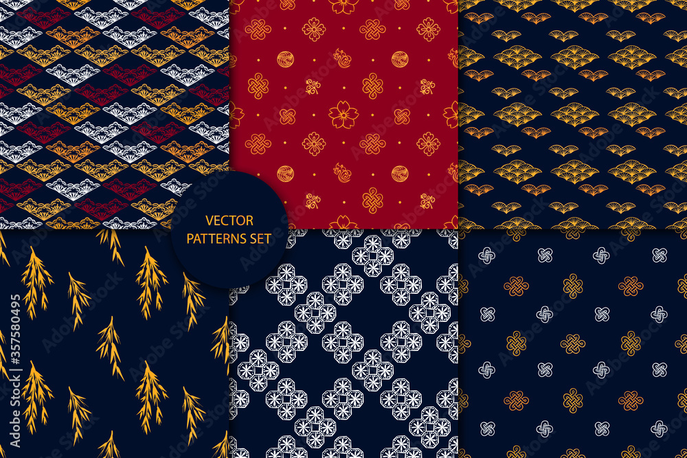 Asian patterns set. Kabuki theatre costumes fabric. Japanese doodles ...