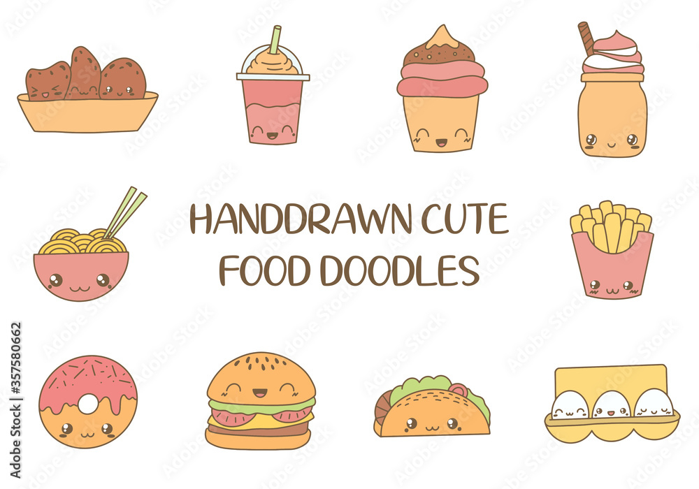Set of Cute Food Doodles. Kawaii Food Icon doodles. Cute muffin ...