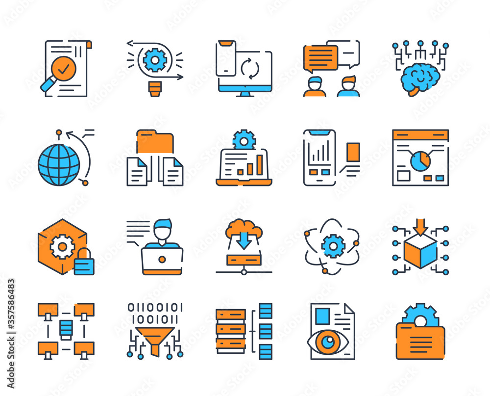Vector color linear icon set of data. Outline symbol collection of ...
