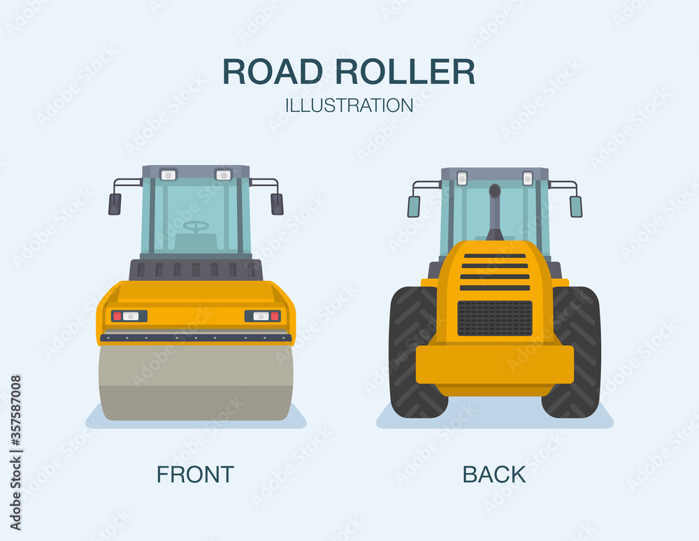 Road roller machine. Front and back view. Flat vector illustration ...
