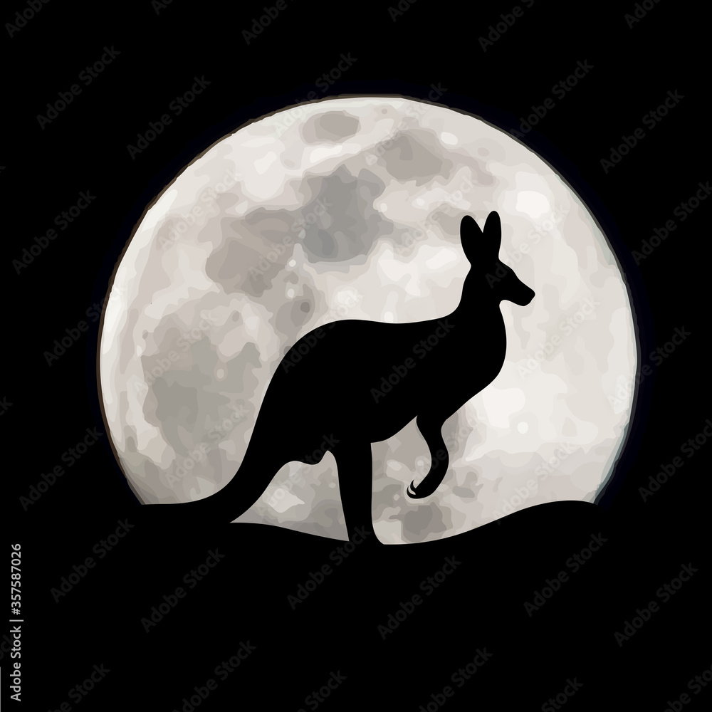 Vector silhouette of kangaroo on moon background. Symbol of night ...