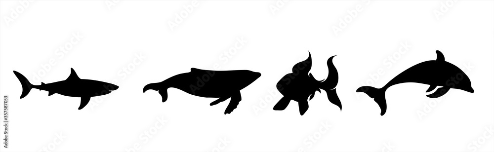Collection of vector silhouette of water animals on white background ...
