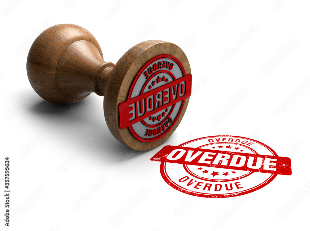 Overdue, stamp. Wooden round stamper and stamp with text Overdue, on ...
