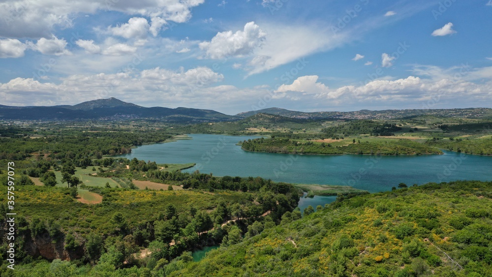 Aerial drone panoramic photo of beautiful nature in artificial lake and ...