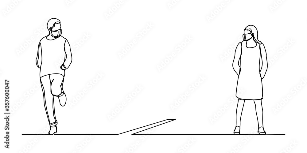 Continuous line drawing of people standing and wearing mask in social ...