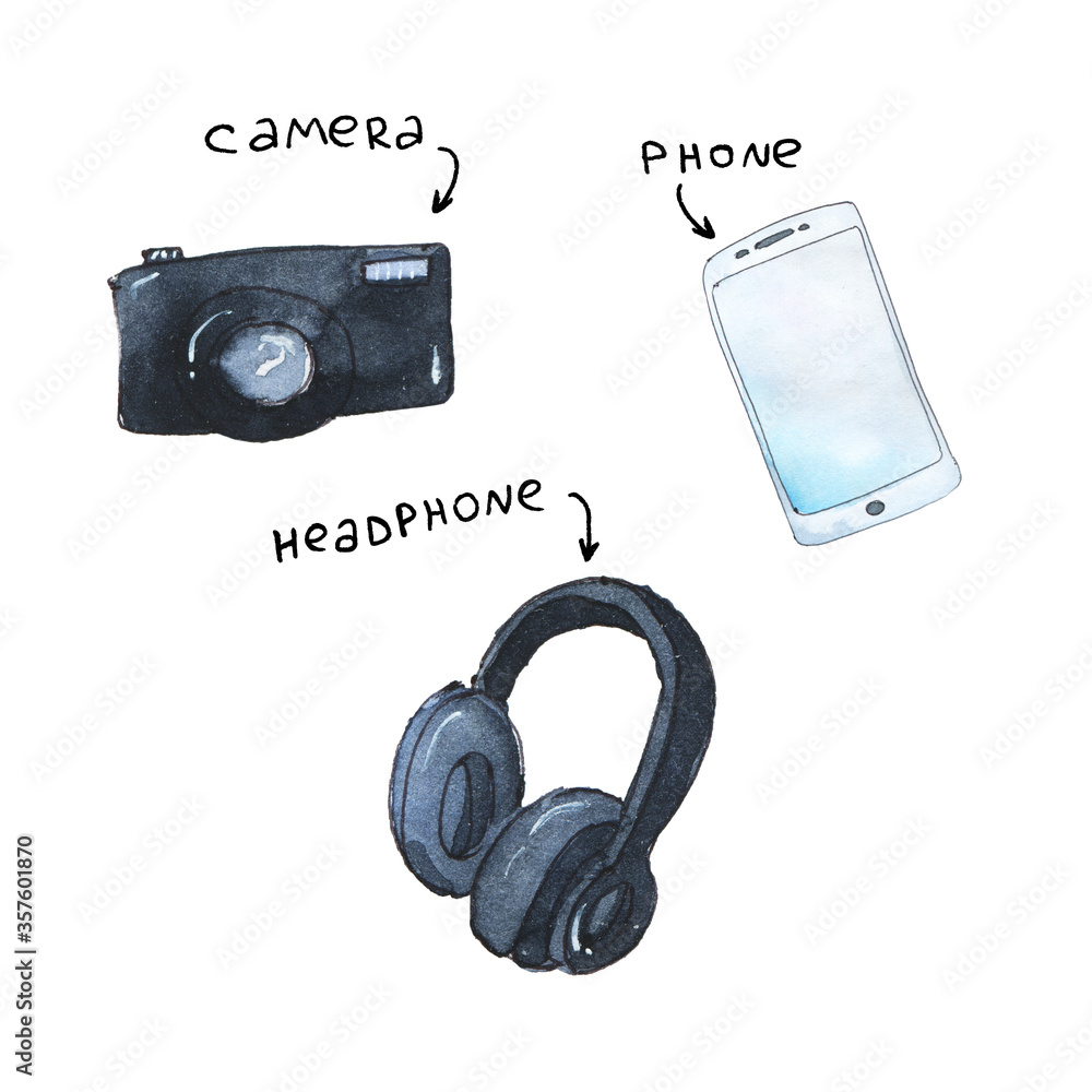 Watercolor collection of hand-drawn isolated sketches of devices with ...