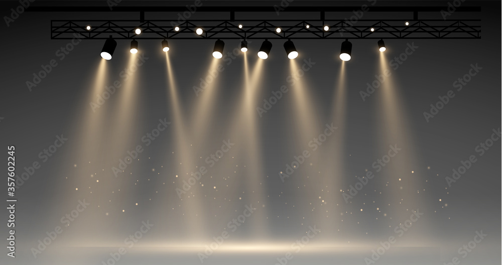 Vector stage with set of yellow spotlights. grey stage lights ...