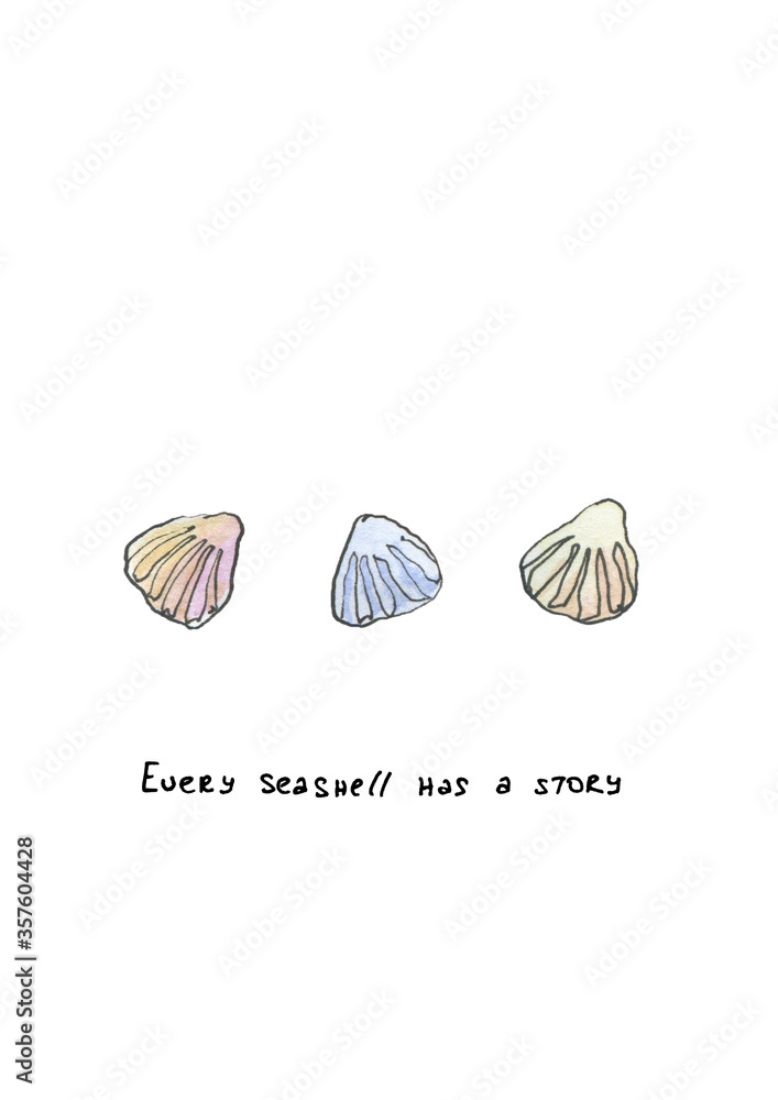 Watercolor poster postcard with hand drawn sea shell, shellfish, cockel ...