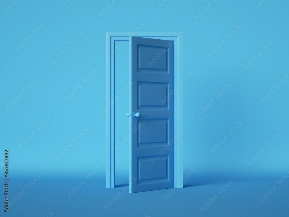 3d render, open door isolated on blue background. Architectural design ...
