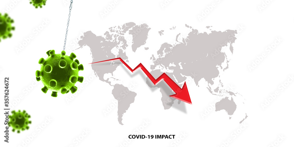 COVID_19 Impact. World map with downward graph. Corona affect the world ...