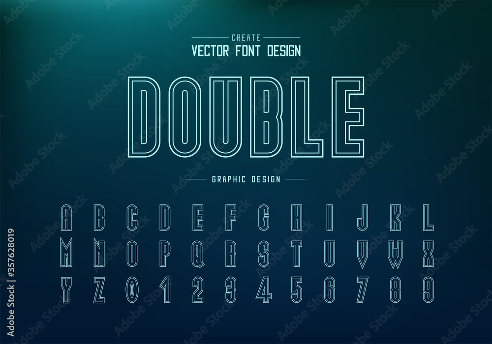 Double line font and blue alphabet vector, Tall typeface letter and ...