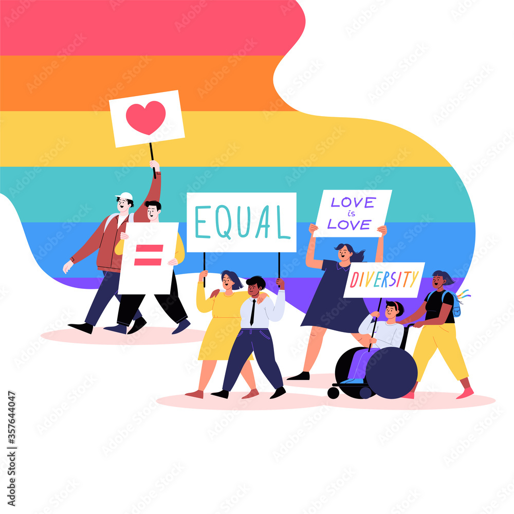Different people marching on the pride parade holding placards and ...