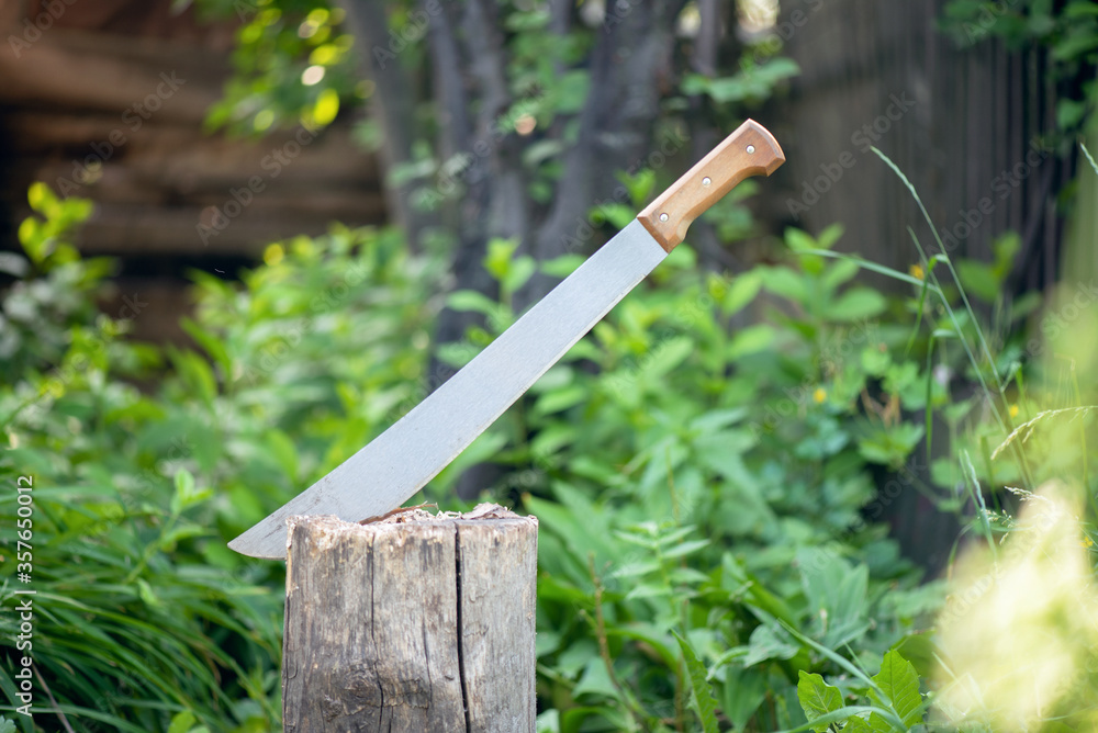 Sharp machete in a wooden stump background. Stock Photo | Adobe Stock