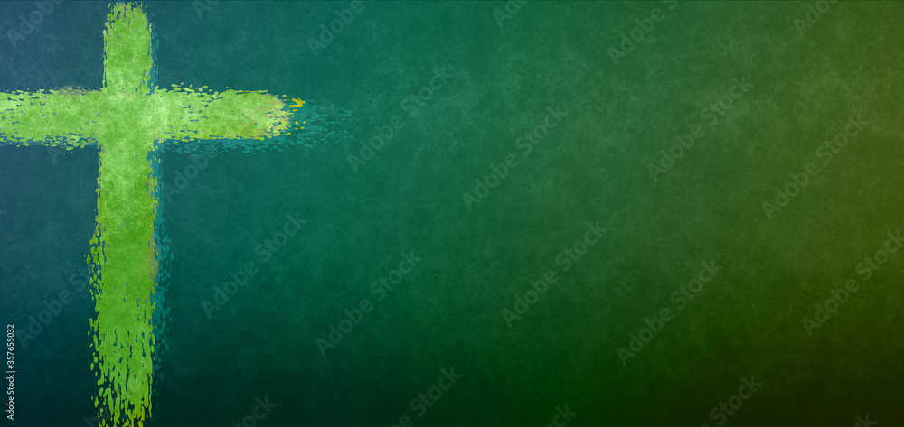 yellow green cross on textured blue green background with copy space ...