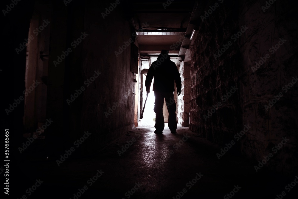 Scary traumatic scene. Silhouette of a man holding an ax in a dark and ...
