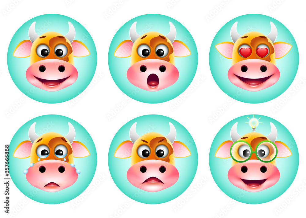 icons set of cute cartoon emotion cow on blue background. Happy, cry ...