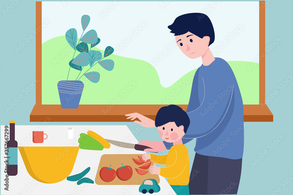 Happy Father's Day, fatherhood. Father and son stay at home and cook ...