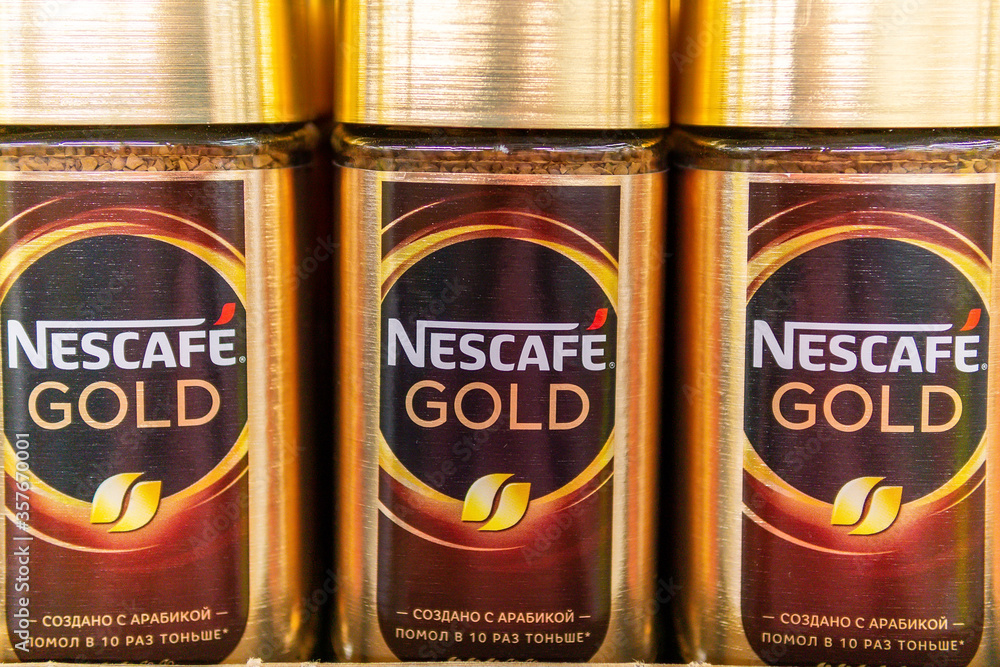 Tyumen, Russia-June 05, 2020: Nescafe gold banks on the shelves of a ...
