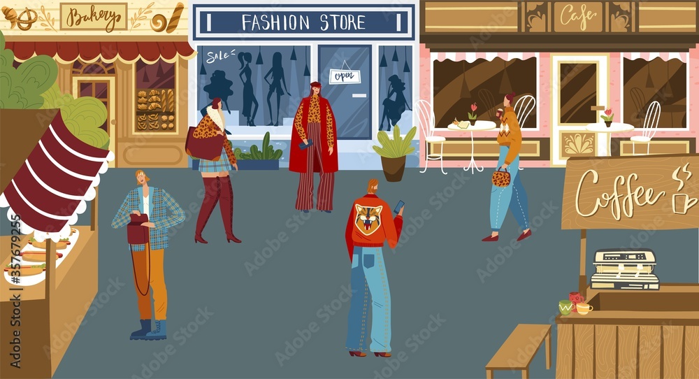 People shopping on town square, small local bakery shop, fashion store ...