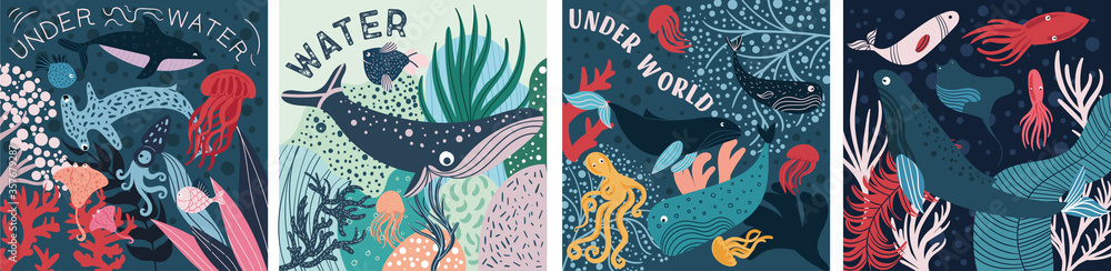 Four underwater marine biology posters or card designs with fish ...