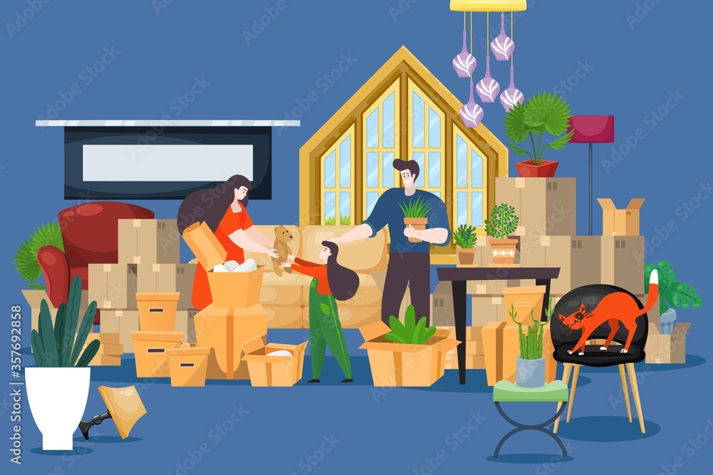 Moving house family people, unpacking boxes vector illustration ...