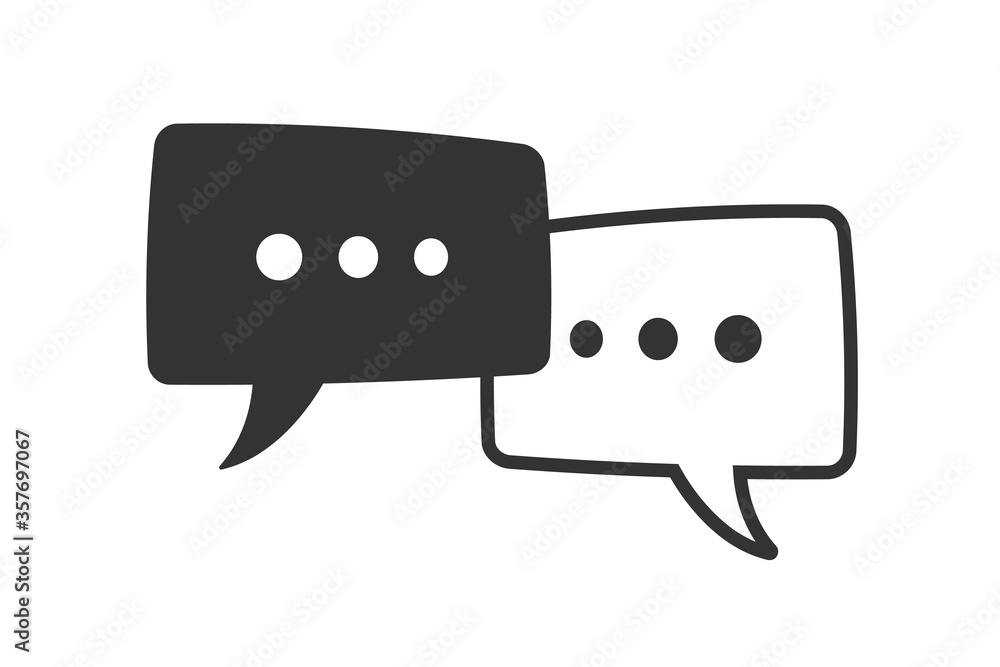 Message bubbles icon. Black and white chat bubble with three dots overlapping other one ...