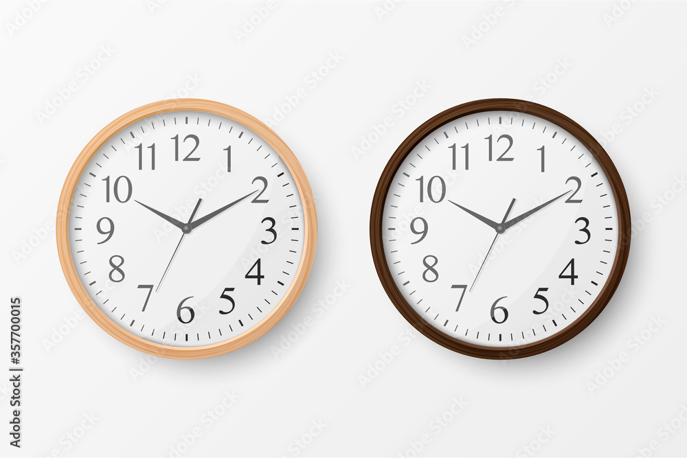 Vector 3d Realistic Simple Round Wooden Wall Office Clock with White ...