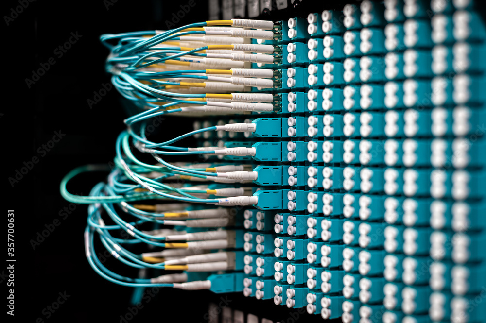 Fiber optic cables and connectors in a data center network patch panel ...