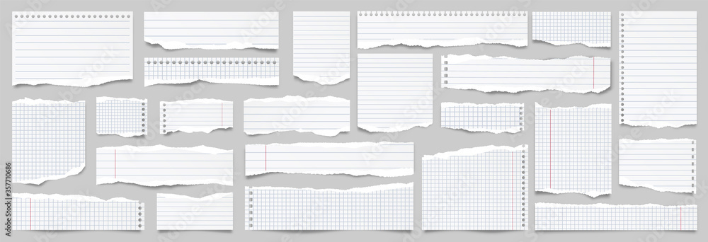 White ripped lined paper strips collection. Realistic paper scraps with ...