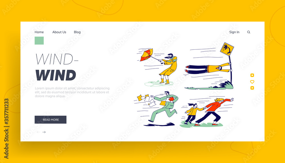 Characters Fighting with Strong Wind Landing Page Template. Woman with ...