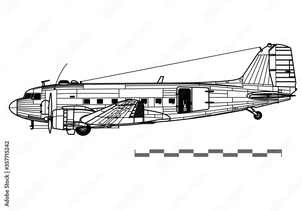 Douglas AC-47 Spooky. Vector drawing of close air support gunship. Side ...