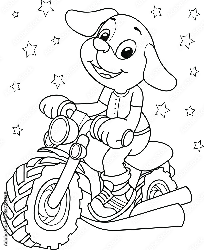 Coloring page outline of cartoon smiling cute dog on a motorcycle ...