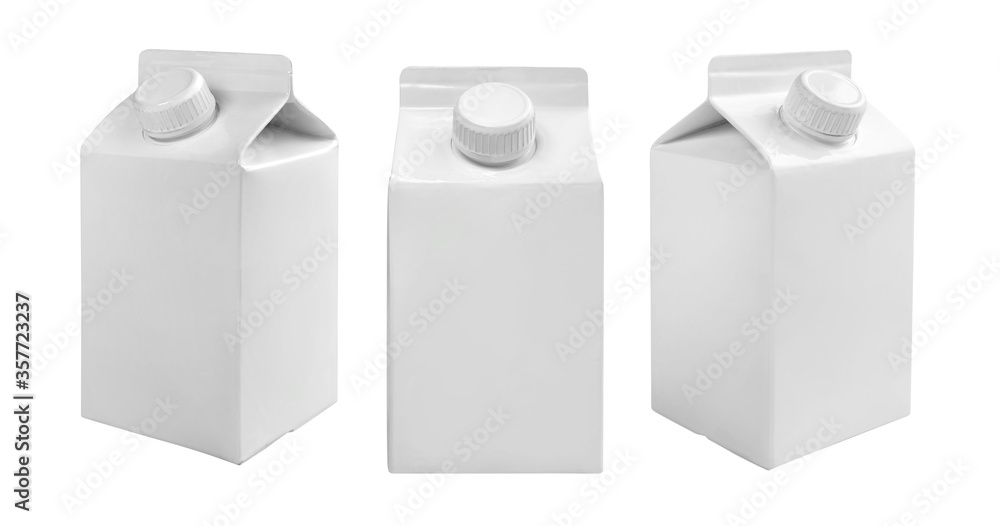Juice and milk blank white carton boxes with different view isolated on ...