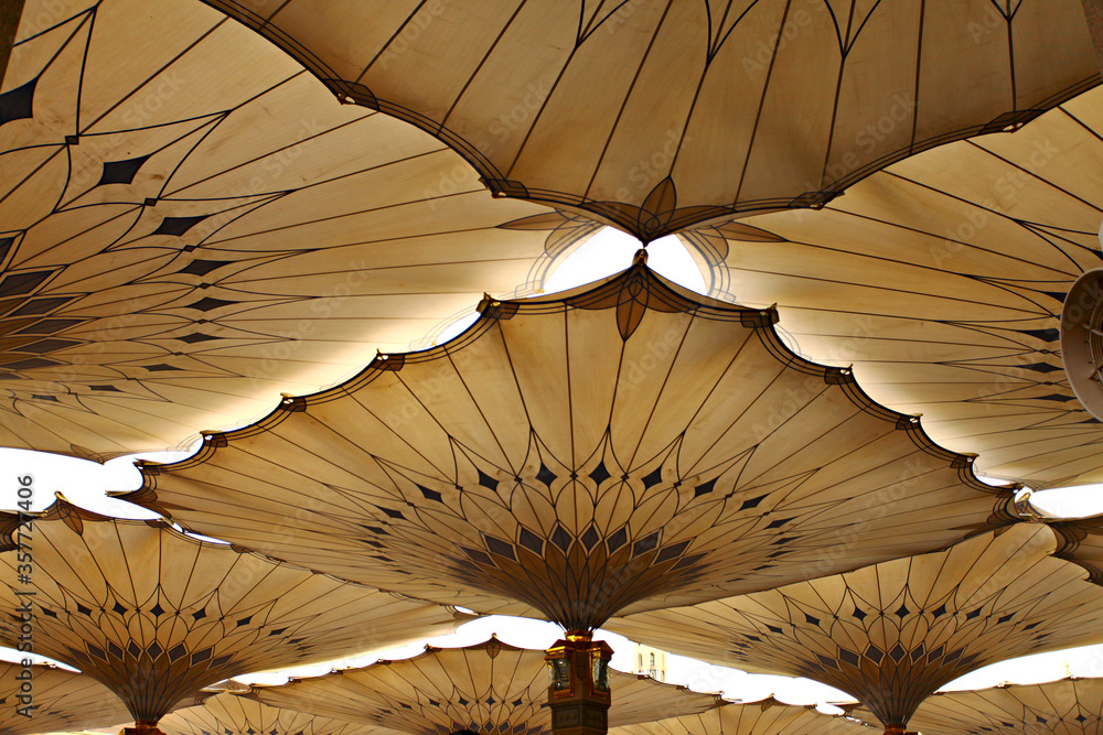 Canopies in Nabawi Mosque in Medina, Saudi Arabia. Muslim pilgrims ...