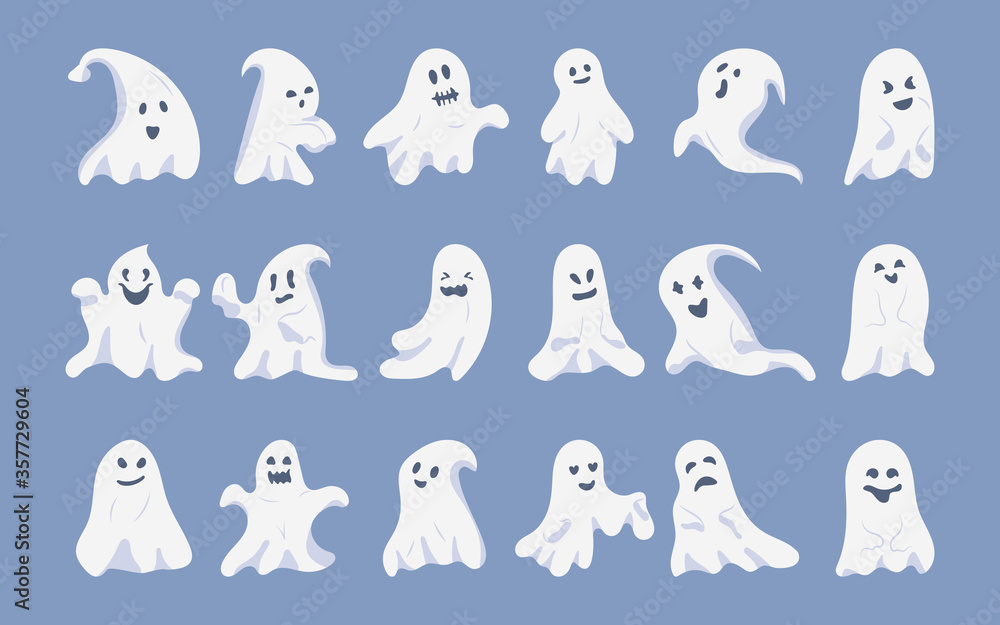 Ghost character flat cartoon set. Creepy funny cute ghostly Halloween ...