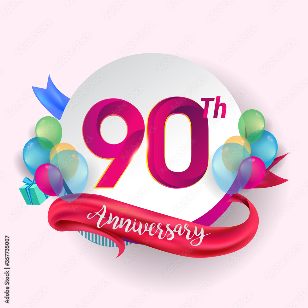90th Anniversary logo with ribbon, balloon, and gift box isolated on ...